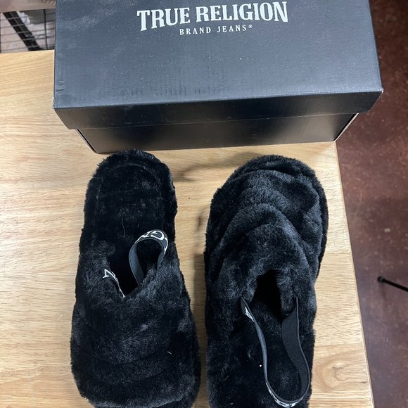 Shoes | True Religion Womens Faux Fur Black Fluffy Slides Slippers Size ...
